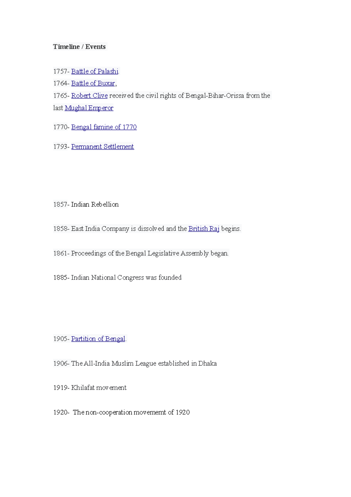 Timeline - very important course - Timeline / Events 1757- Battle of ...