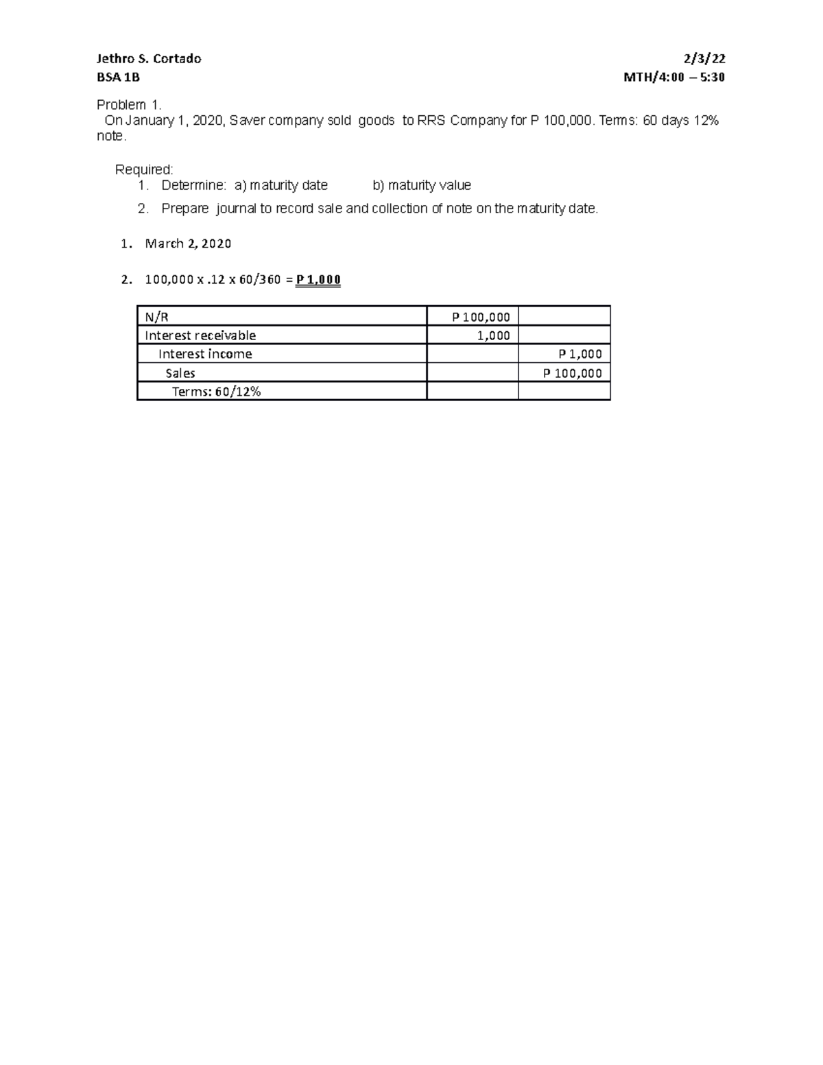 notes and solving BSA 1B Notes receivable activity - BSA 1B MTH/4:00 ...