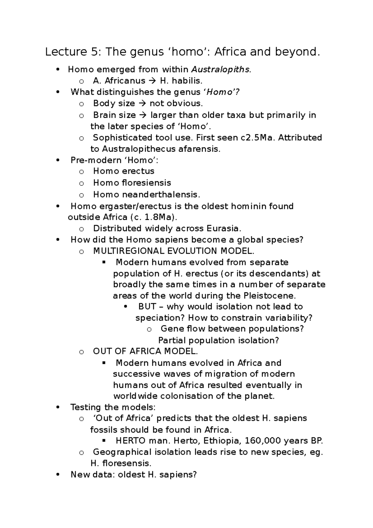 Lecture 5 Notes - The genus ‘homo’: Africa and beyond. - Lecture 5: The ...
