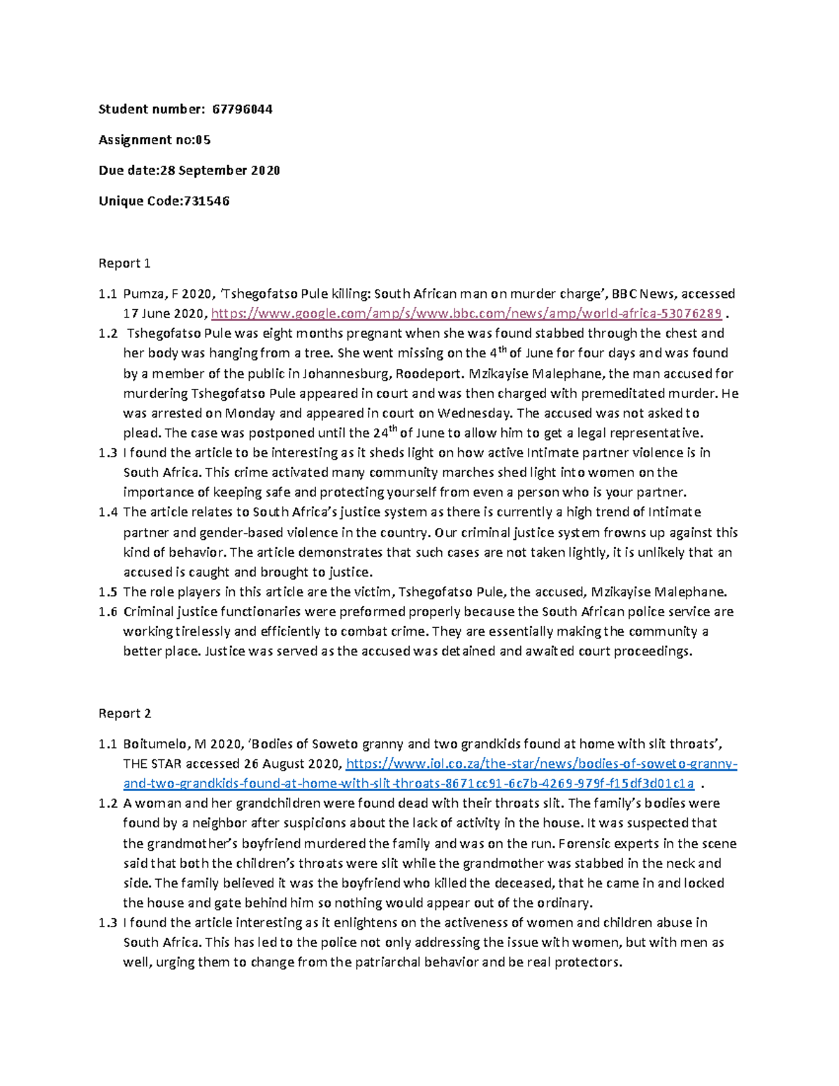 Assignment 5 Social dimensions of justice 1501 - Student number ...