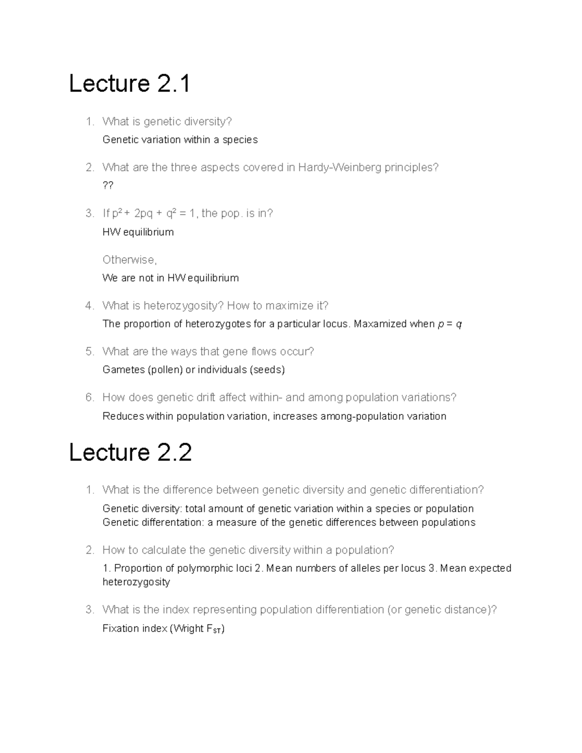 FRST module 2 Q - Lecture 2. 1. What is genetic diversity? Genetic ...