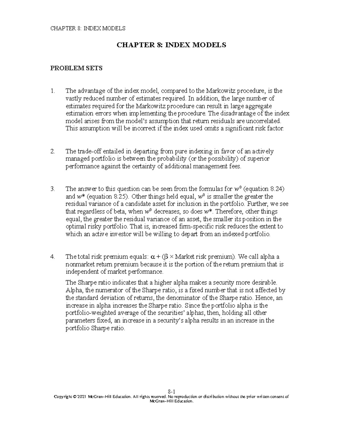 Solutions exercises ch8 BKM 12th - CHAPTER 8: INDEX MODELS PROBLEM SETS The advantage of the ...