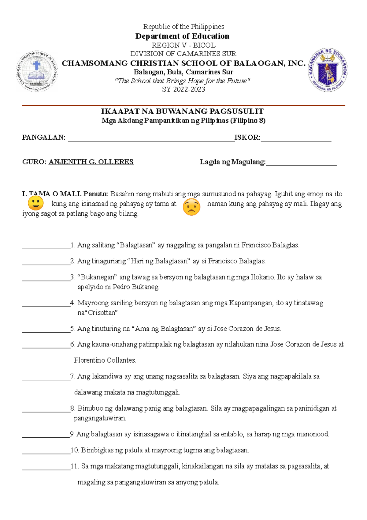 4th monthly fil 8 - ASSESSMENT - Republic of the Philippines Department ...