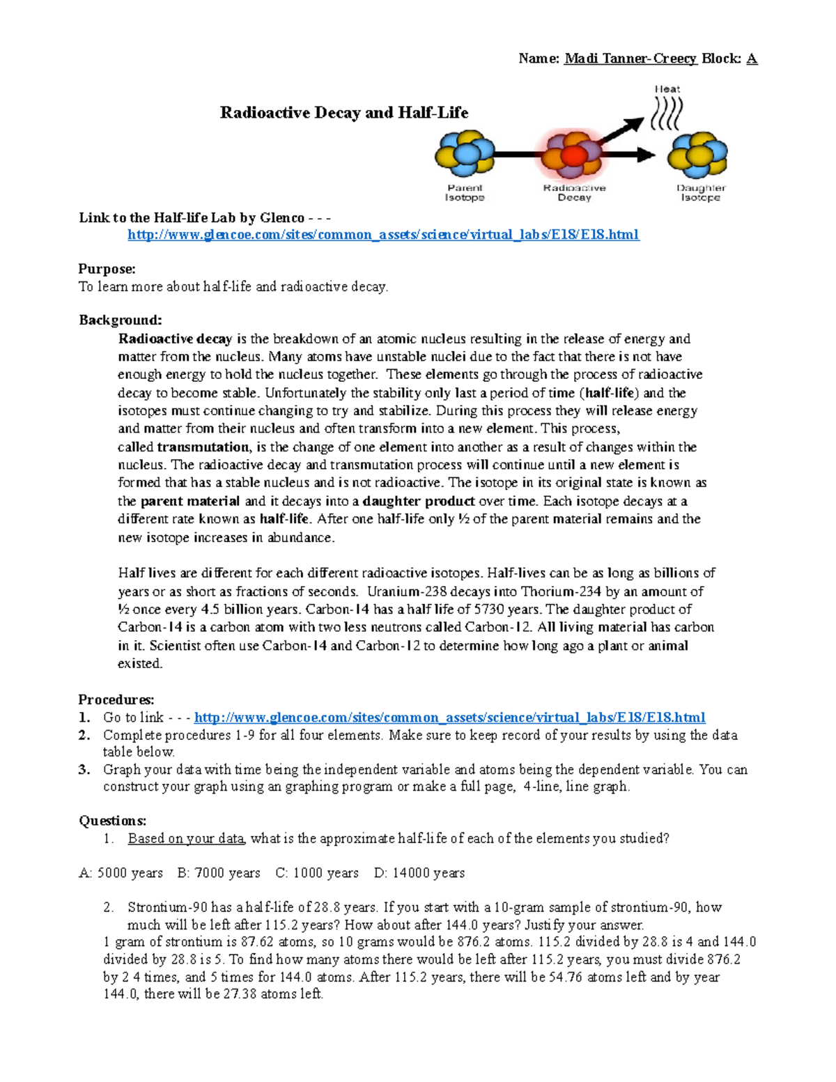 LAB Radioactive Decay On Line - Name: Madi Tanner-Creecy Block: A ...