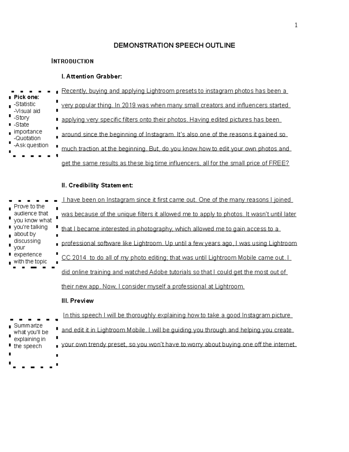 Demonstration Speech Outline (3)-1 - 1 DEMONSTRATION SPEECH OUTLINE ...