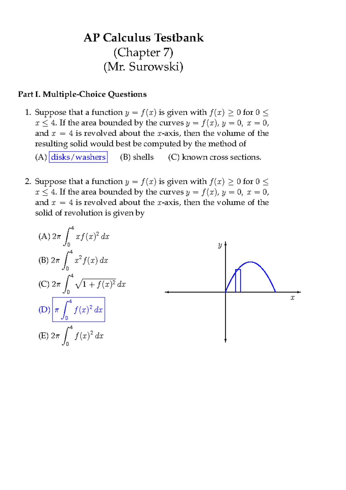 Chapter 7 testbank solutions - AP Calculus Testbank (Chapter 7) (Mr ...