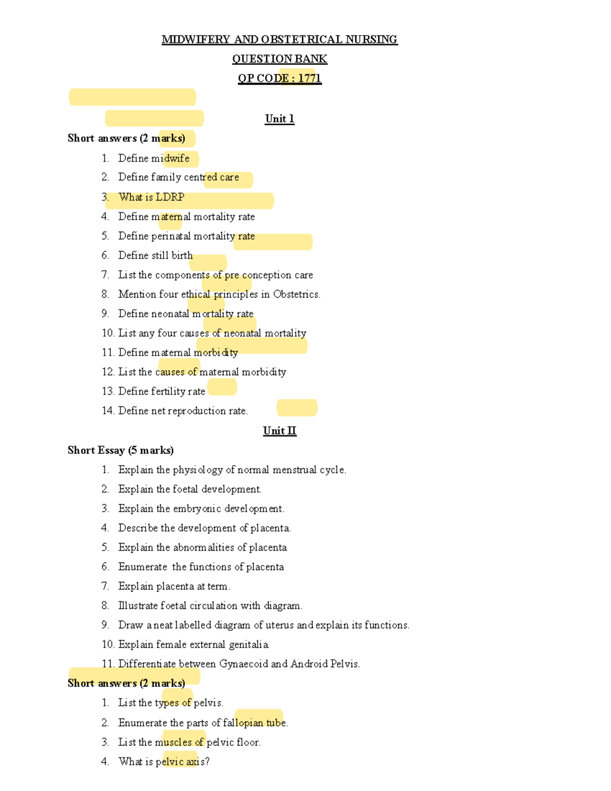 OBg qb - Obg blueprint - QUESTION BANK QP CODE : 1771 Unit 1 Short ...