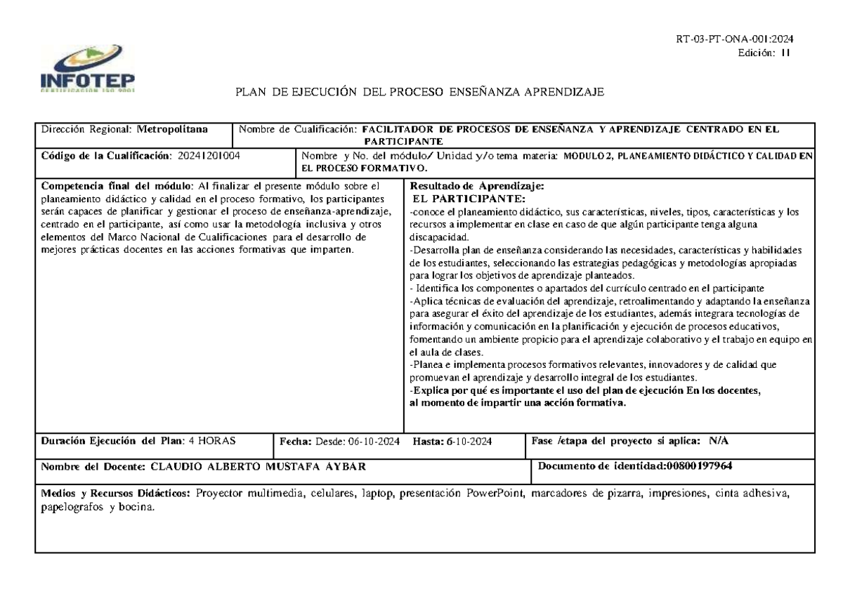 PLAN DE Ejecucion unidad 5 - RT- 03 - PT-ONA- 001 : 2024 Edición: 11 ...