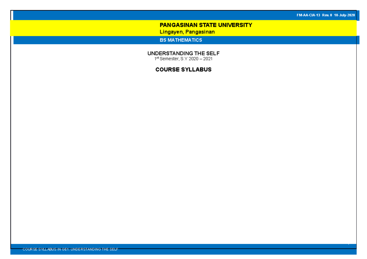 Syllabus - GE1 Understanding the Self - PangSU - Studocu