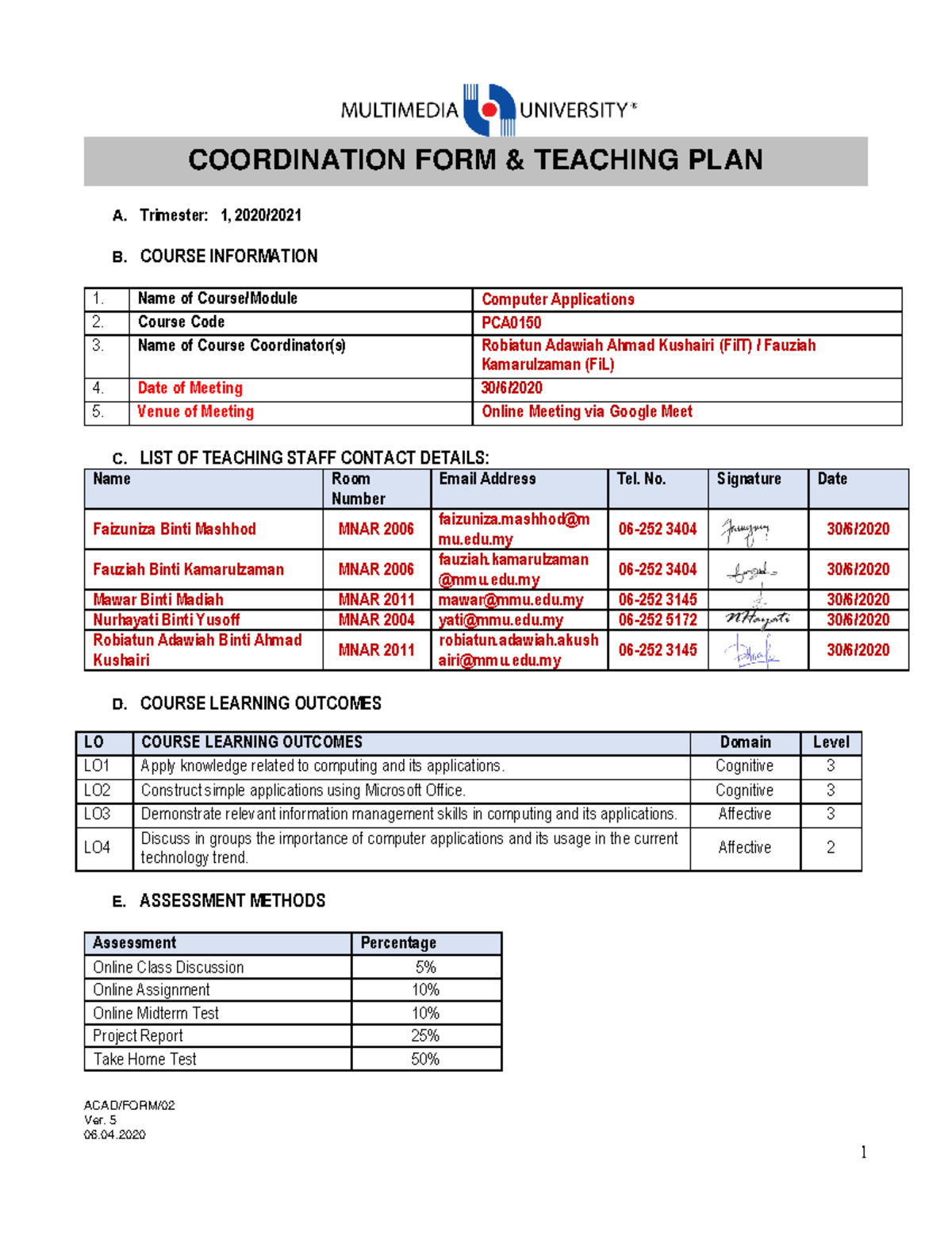 Coordination FORM & Teaching PLAN - ACAD/FORM/ Ver. 5 06.04 20 A ...