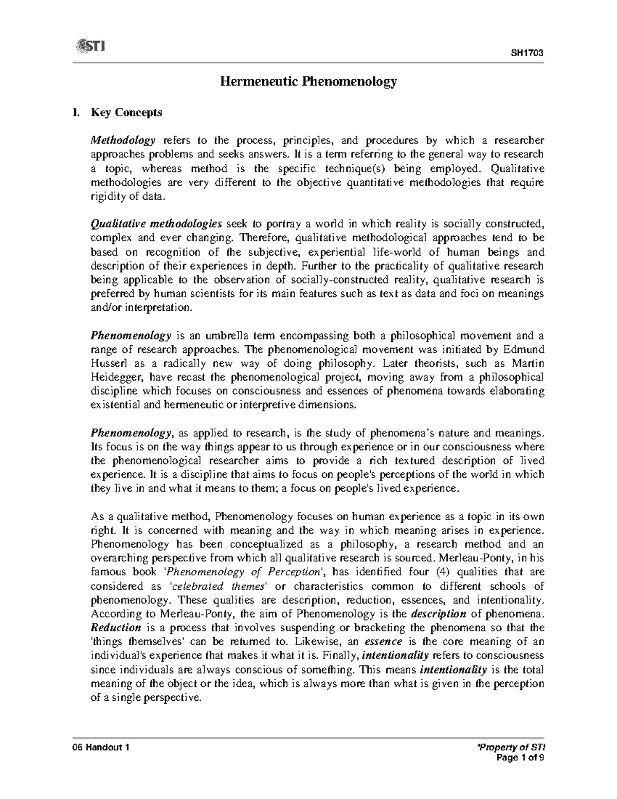 Hermeneutic Phenomenology - 06 Handout 1 *Property of STI Hermeneutic ...