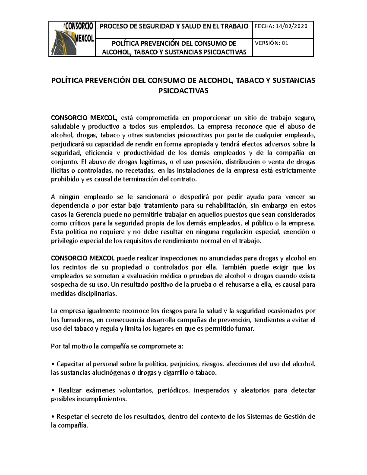 Politica alcohol, tabaco y sustancias - PROCESO DE SEGURIDAD Y SALUD EN EL TRABAJO FECHA: 14/02 ...