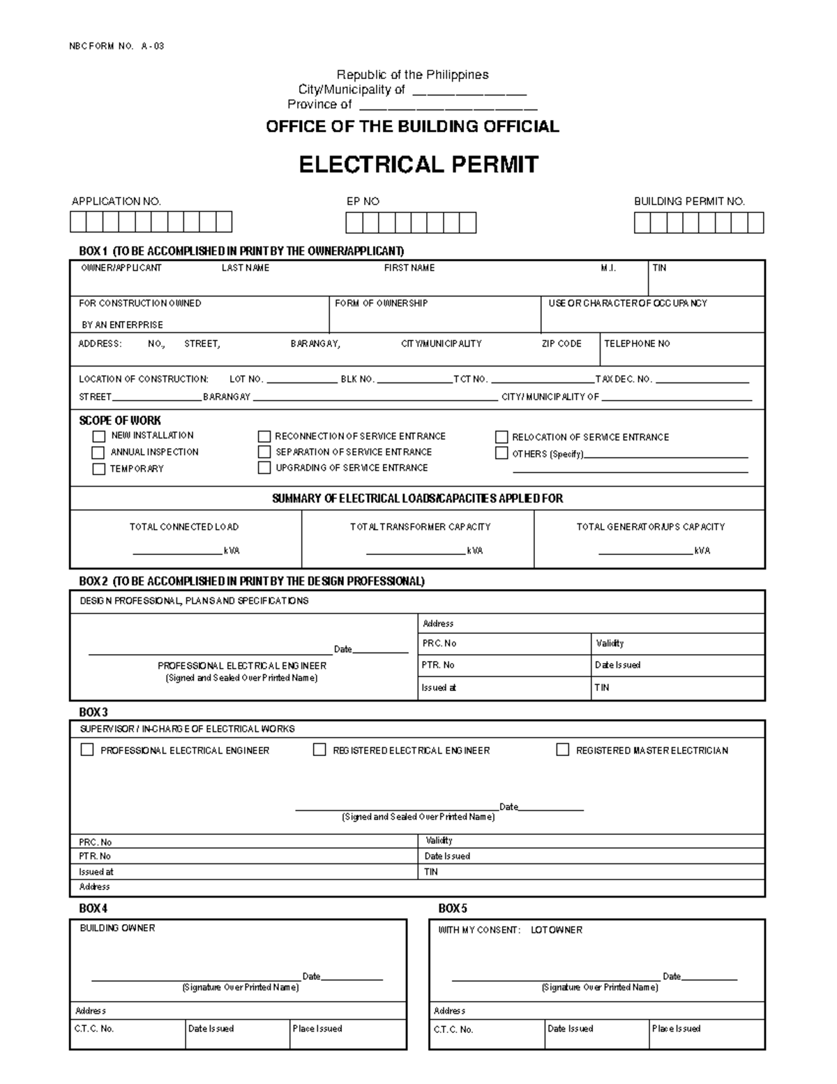 Electrical Permit - NBC FORM NO. A - 03 Republic of the Philippines City/Municipality of - Studocu