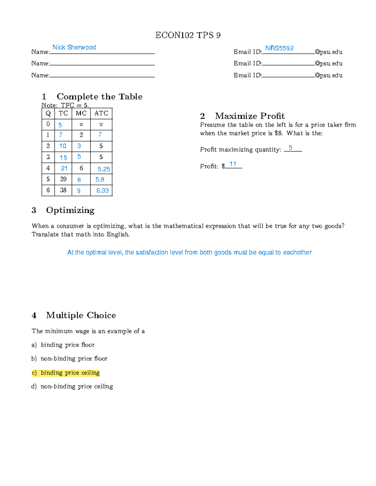 TPS9 - Think Pair-Share 9 - ECON102 TPS 9 Name: Email ID: @psu Name ...