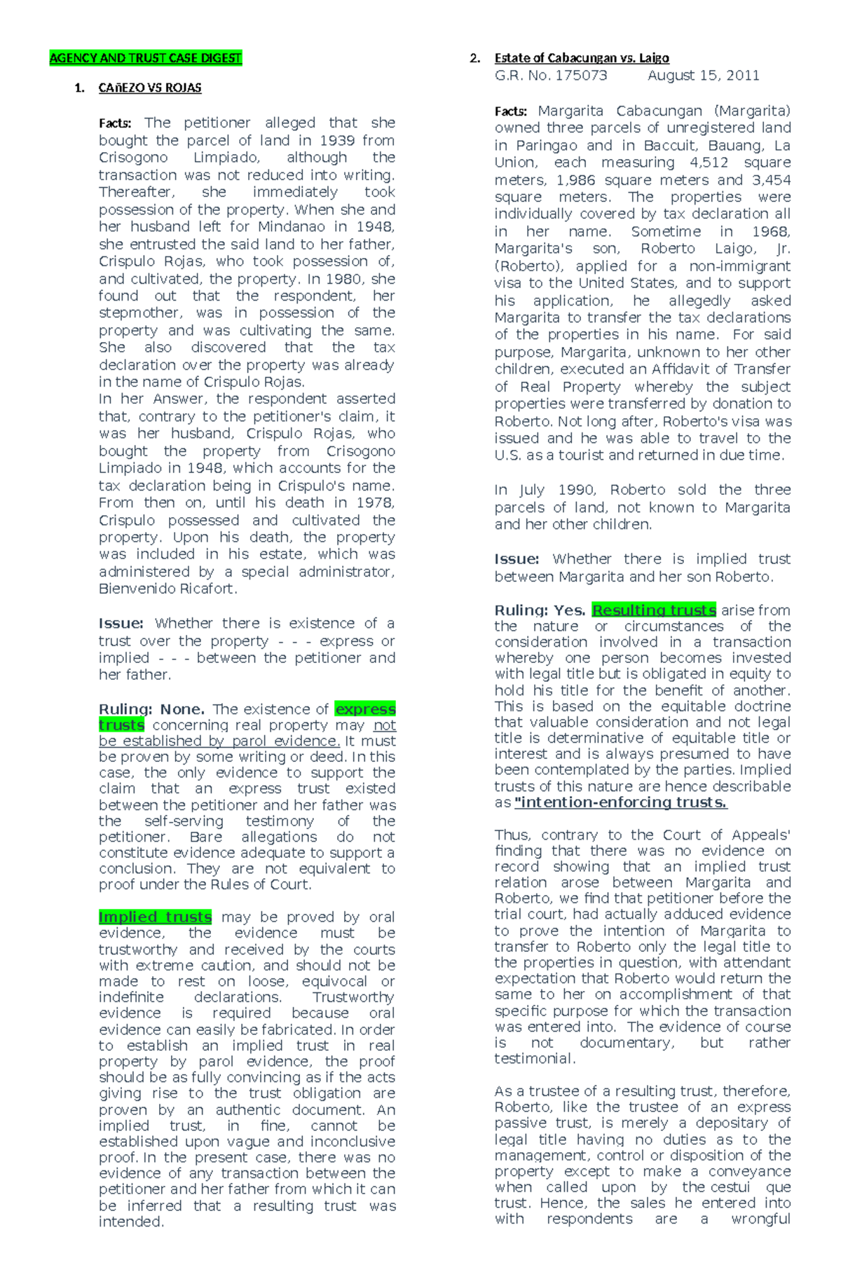 3 - Notes - AGENCY AND TRUST CASE DIGEST 1. CAñEZO VS ROJAS Facts: The ...