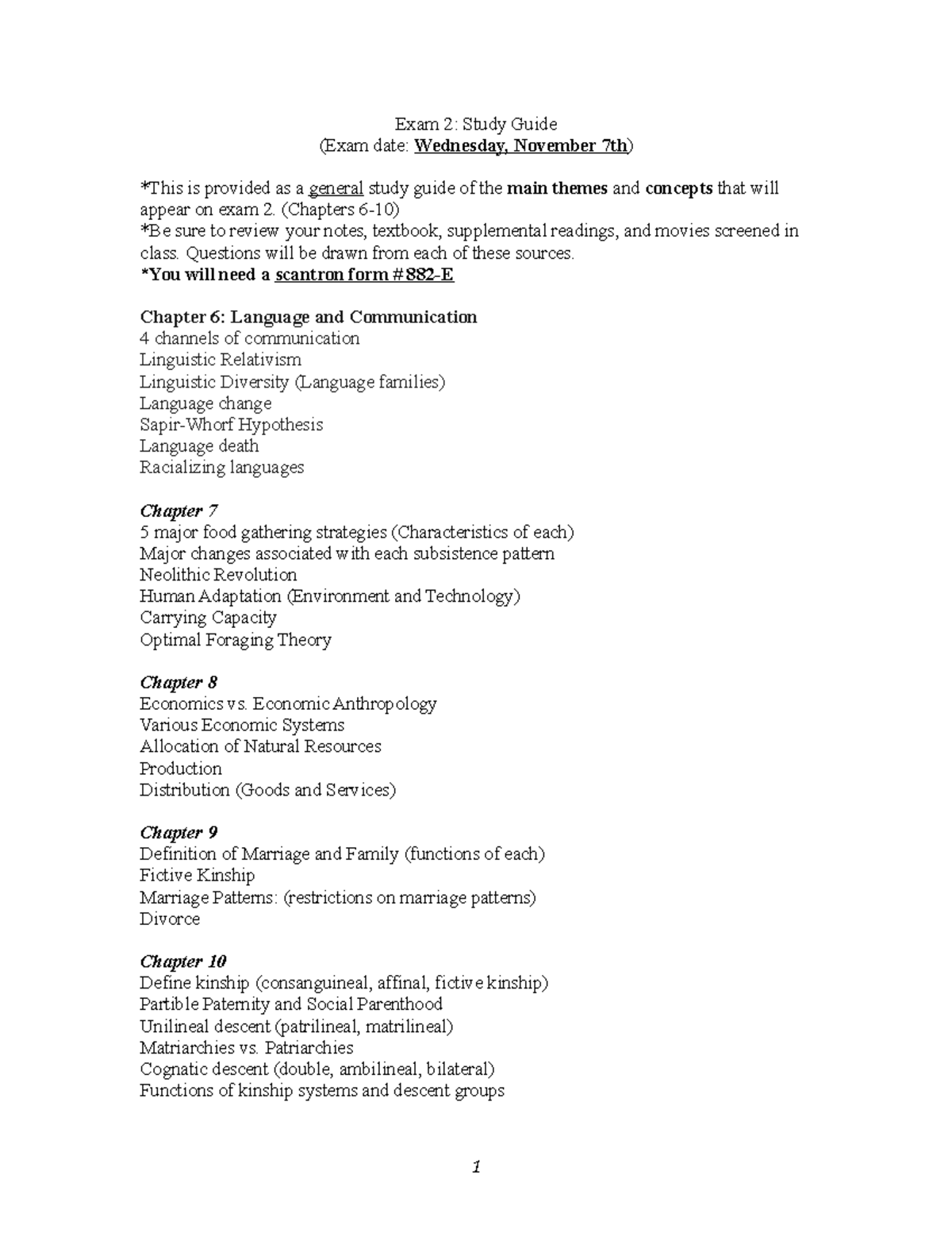 AN2H exam2guide FA2018 - Exam 2: Study Guide (Exam date: Wednesday ...