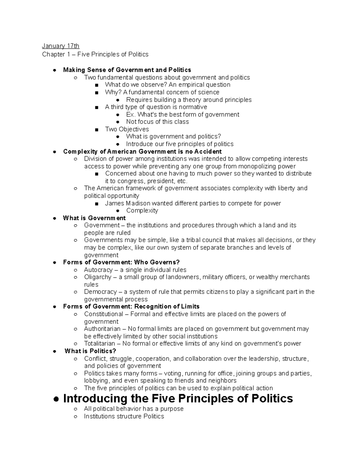 POLI 201-2 - Darmofal - January 17th Chapter 1 – Five Principles of ...