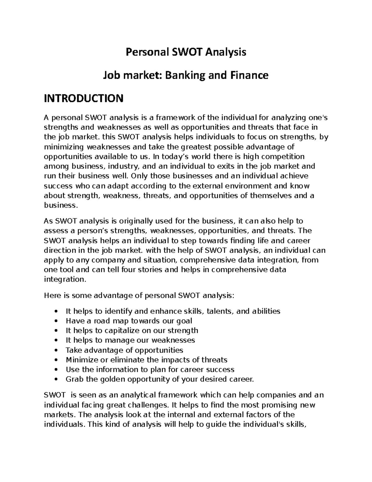Swot - Assignment task - Personal SWOT Analysis Job market: Banking and ...
