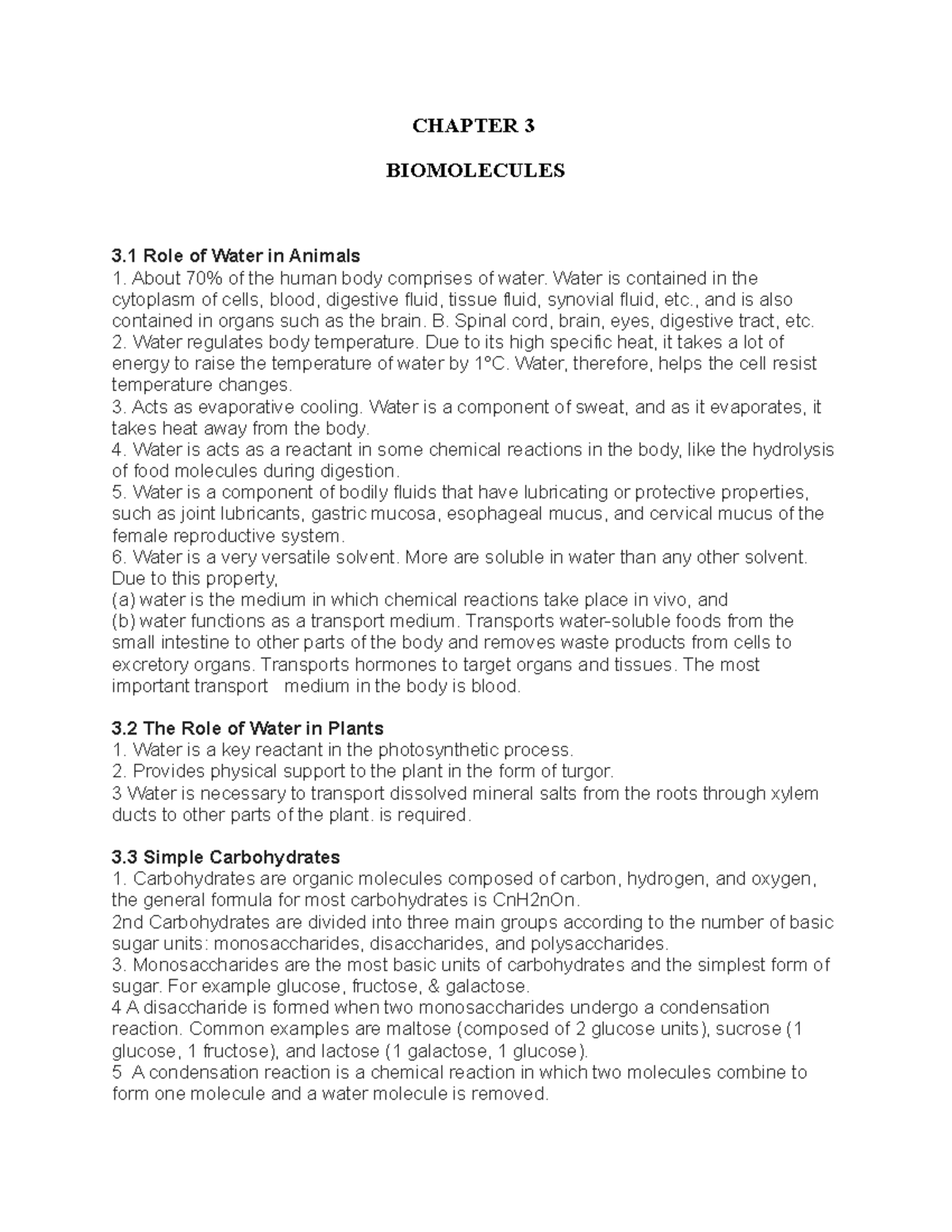 Chapter 3 Biomolecules - CHAPTER 3 BIOMOLECULES 3 Role of Water in ...
