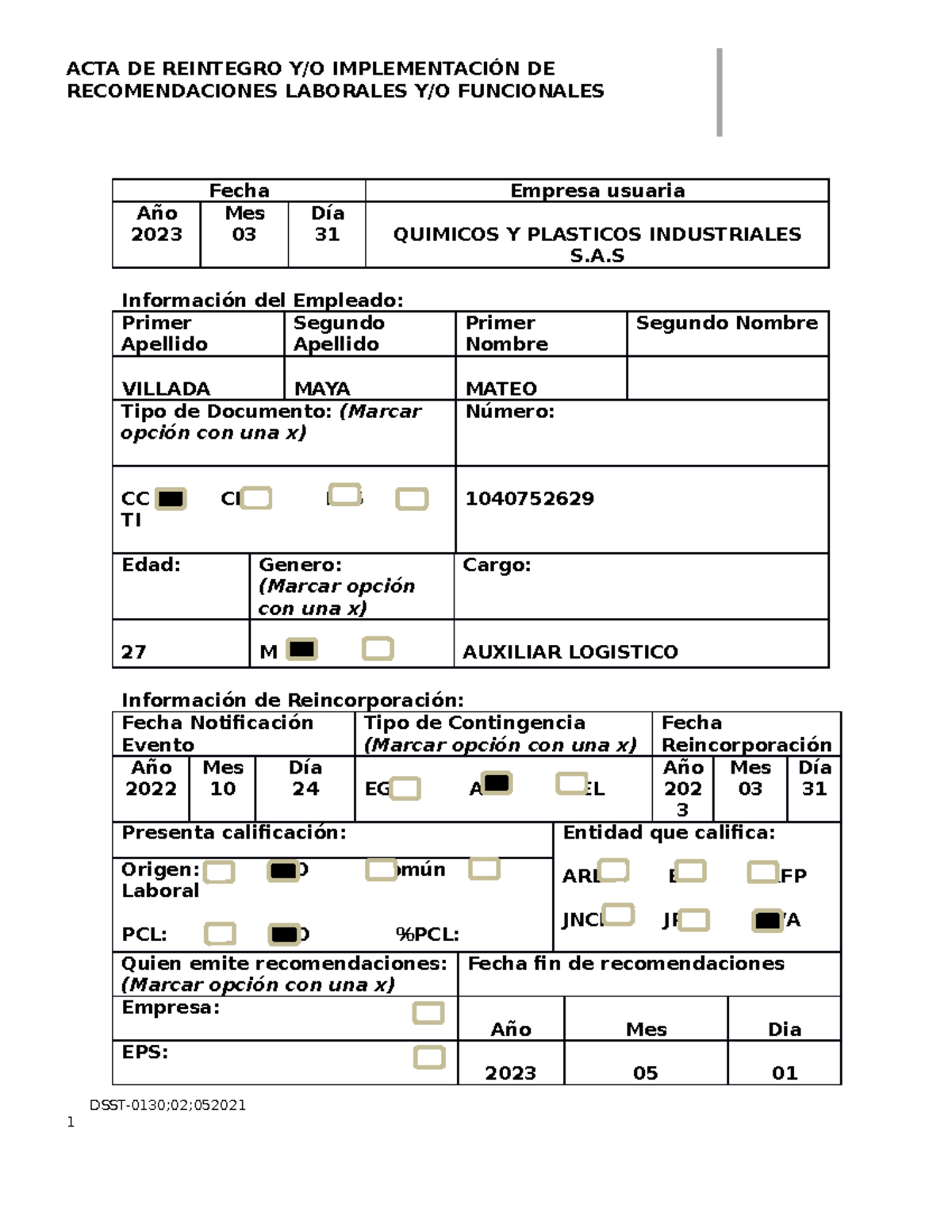 Reintegro laboral 31 - RECOMENDACIONES LABORALES Y/O FUNCIONALES Fecha ...