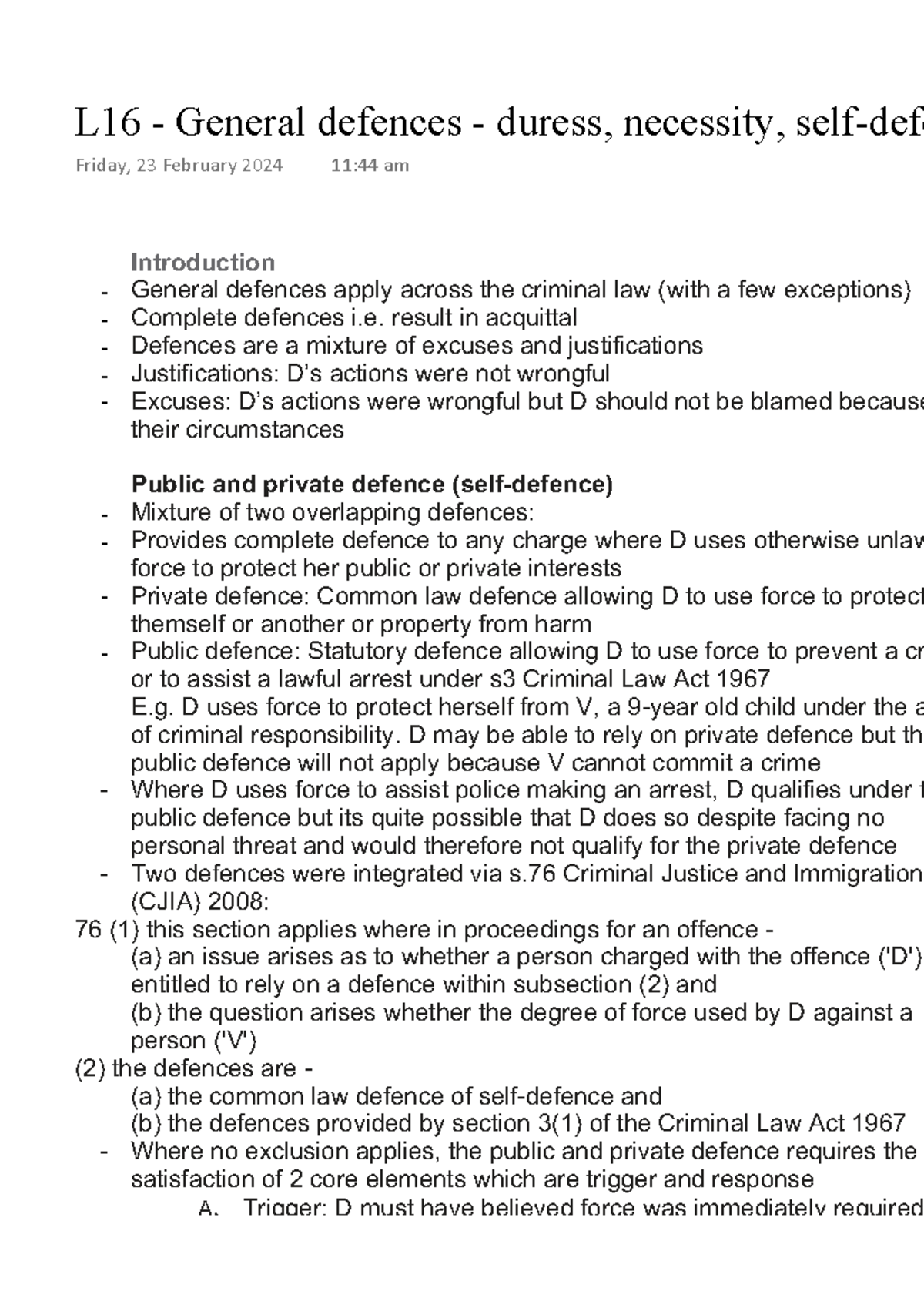 L16 - General defences - duress, necessity, self-defence - Introduction ...