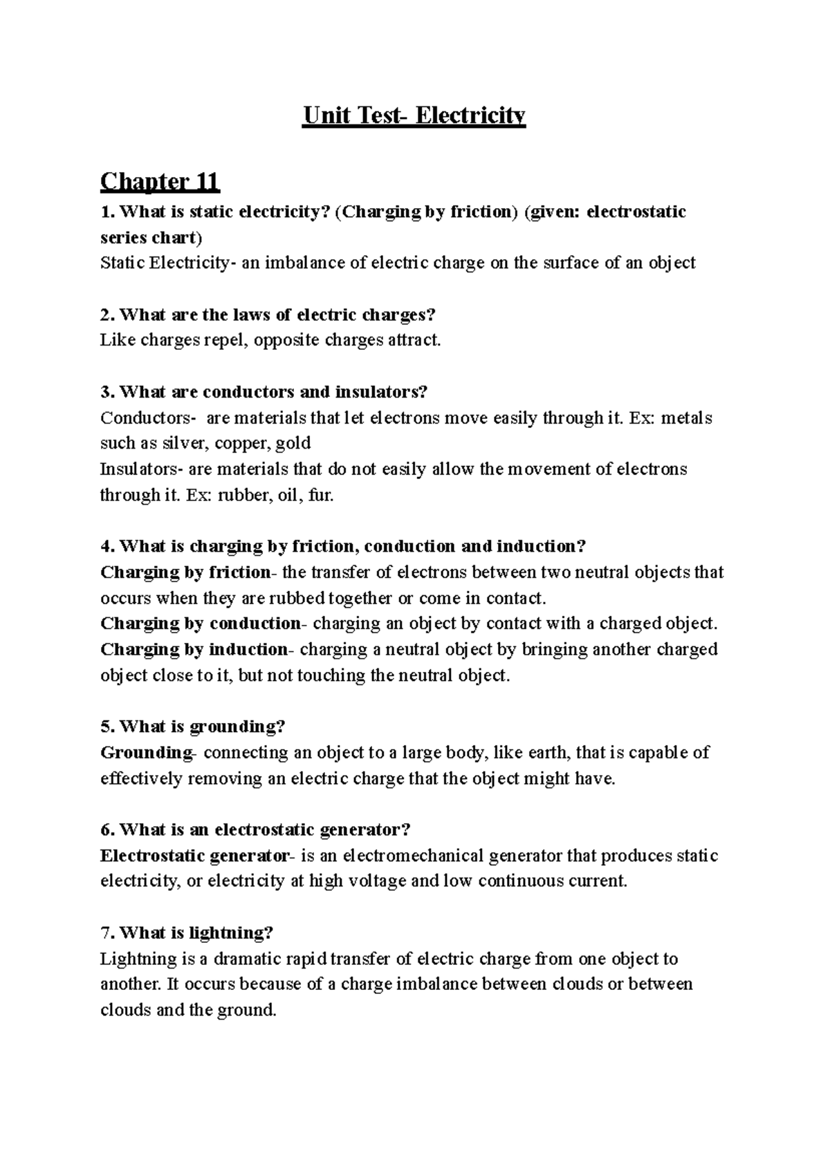 Unit Test- Electricity - Unit Test- Electricity Chapter 11 1. What is ...