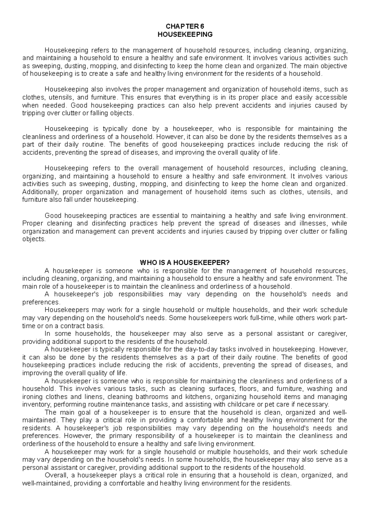 Chapter 6 Housekeeping - CHAPTER 6 HOUSEKEEPING Housekeeping refers to ...