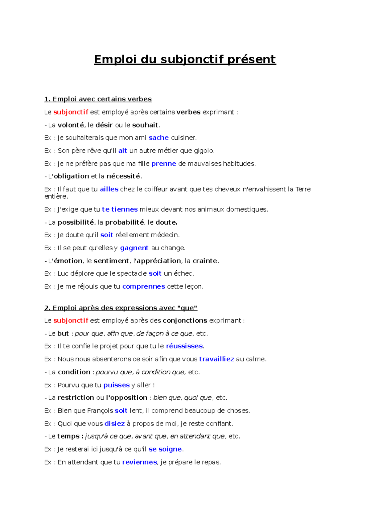 Subjonctif theorie - Emploi du subjonctif présent Emploi avec certains ...