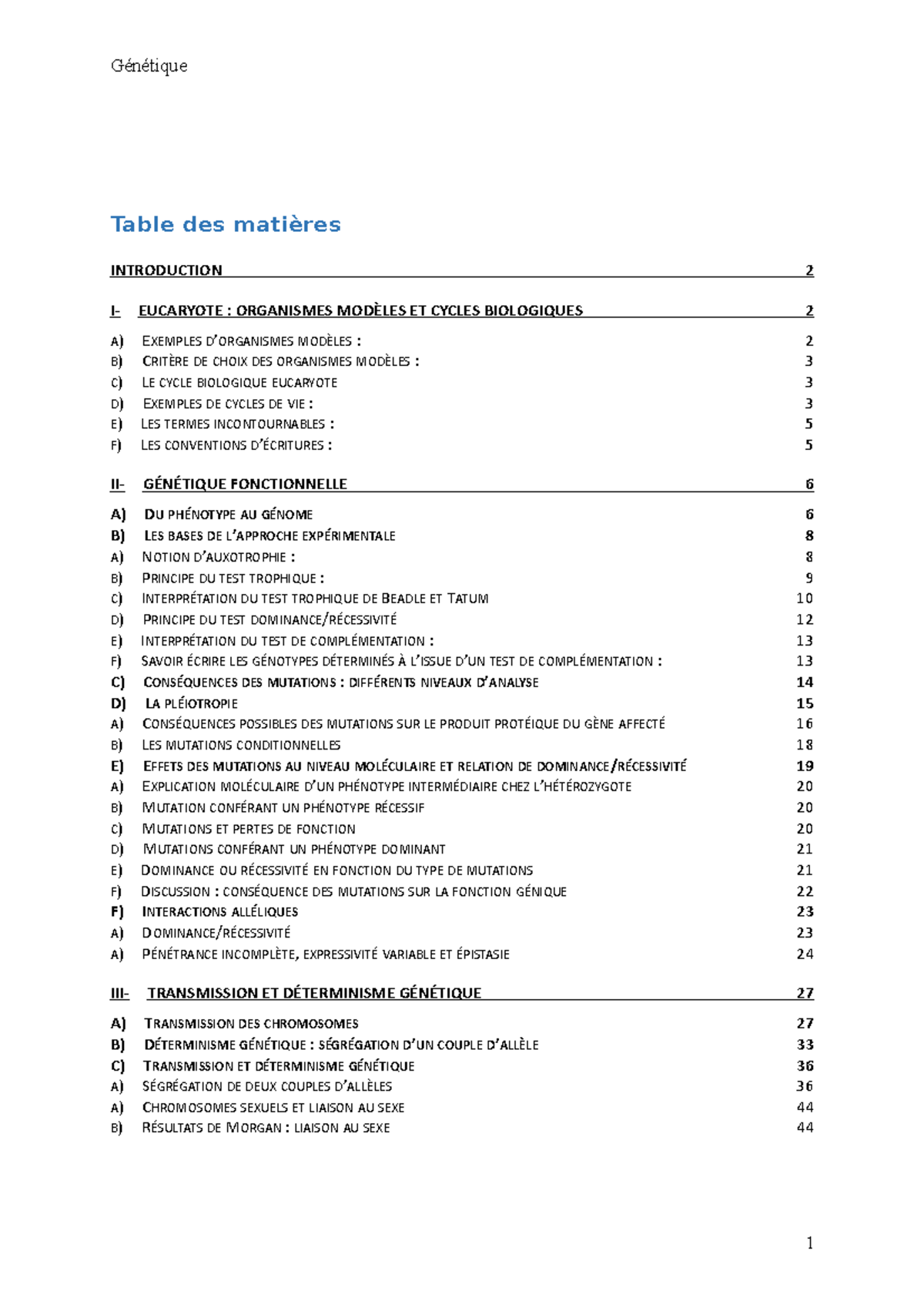 Cours magistral - Table des matières INTRODUCTION I- EUCARYOTE ...