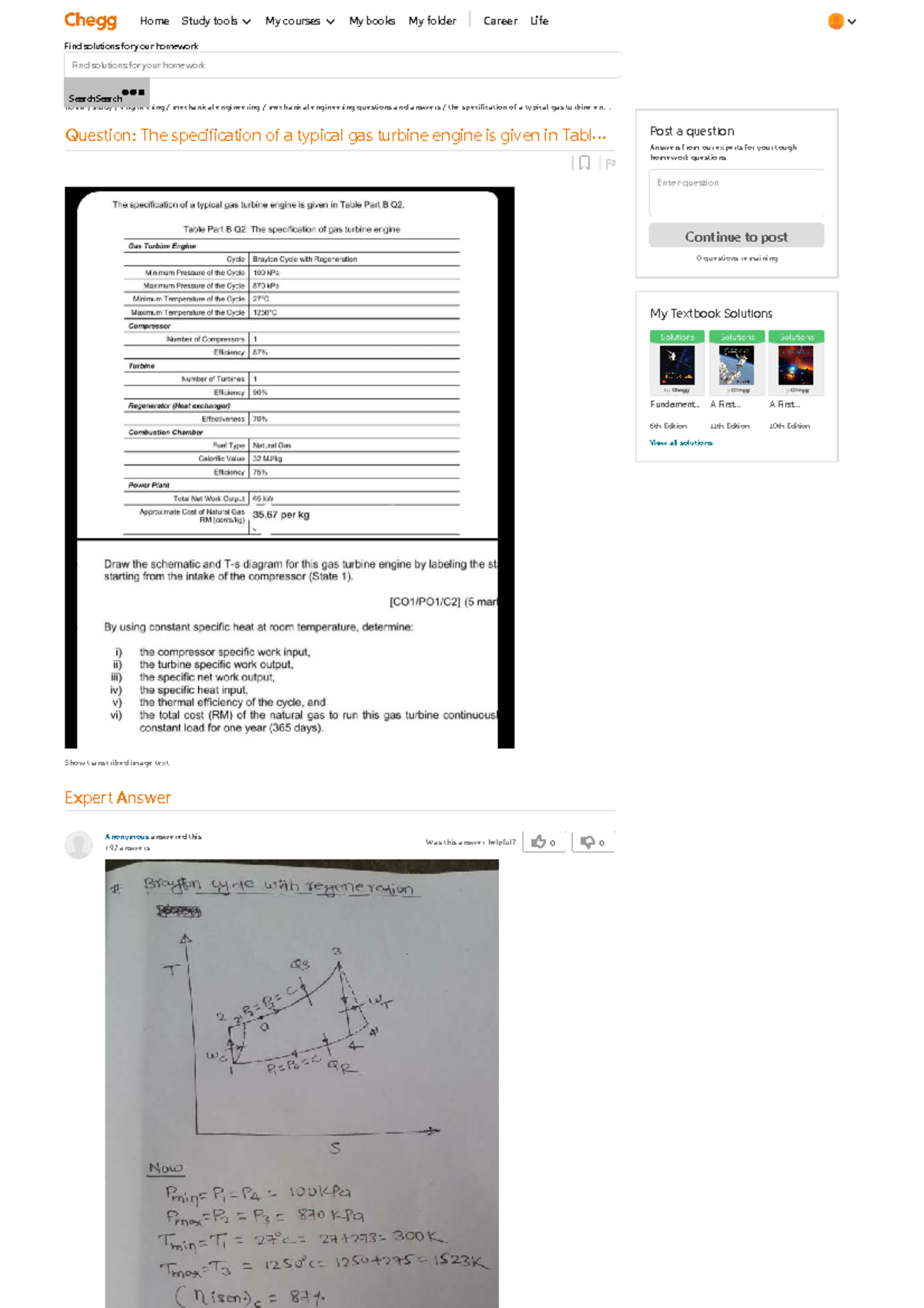 The specification of a typical gas turbine engine . chegg.com - Was this answer helpful? 0 0 ...
