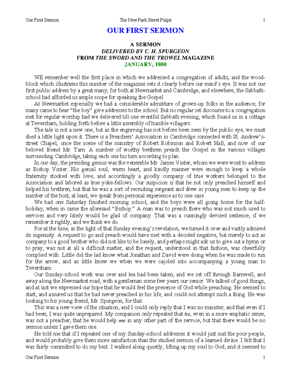 Chsofs - Sermon by CH Spurgeon - Our First Sermon The New Park Street ...