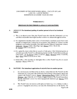 Law of Torts II - Worksheet 5- Damages for Personal Injuries and Death ...