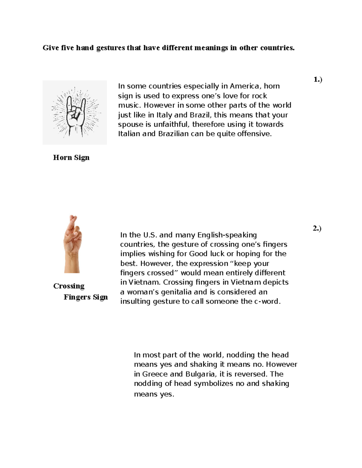 HAND- Gestures - Give five hand gestures that have different meanings ...