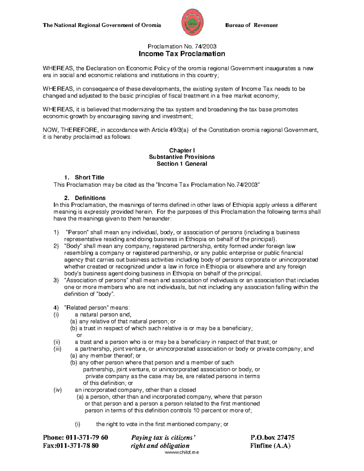 Proclamation number 74-2003 income tax proclamation of Oromia regional ...