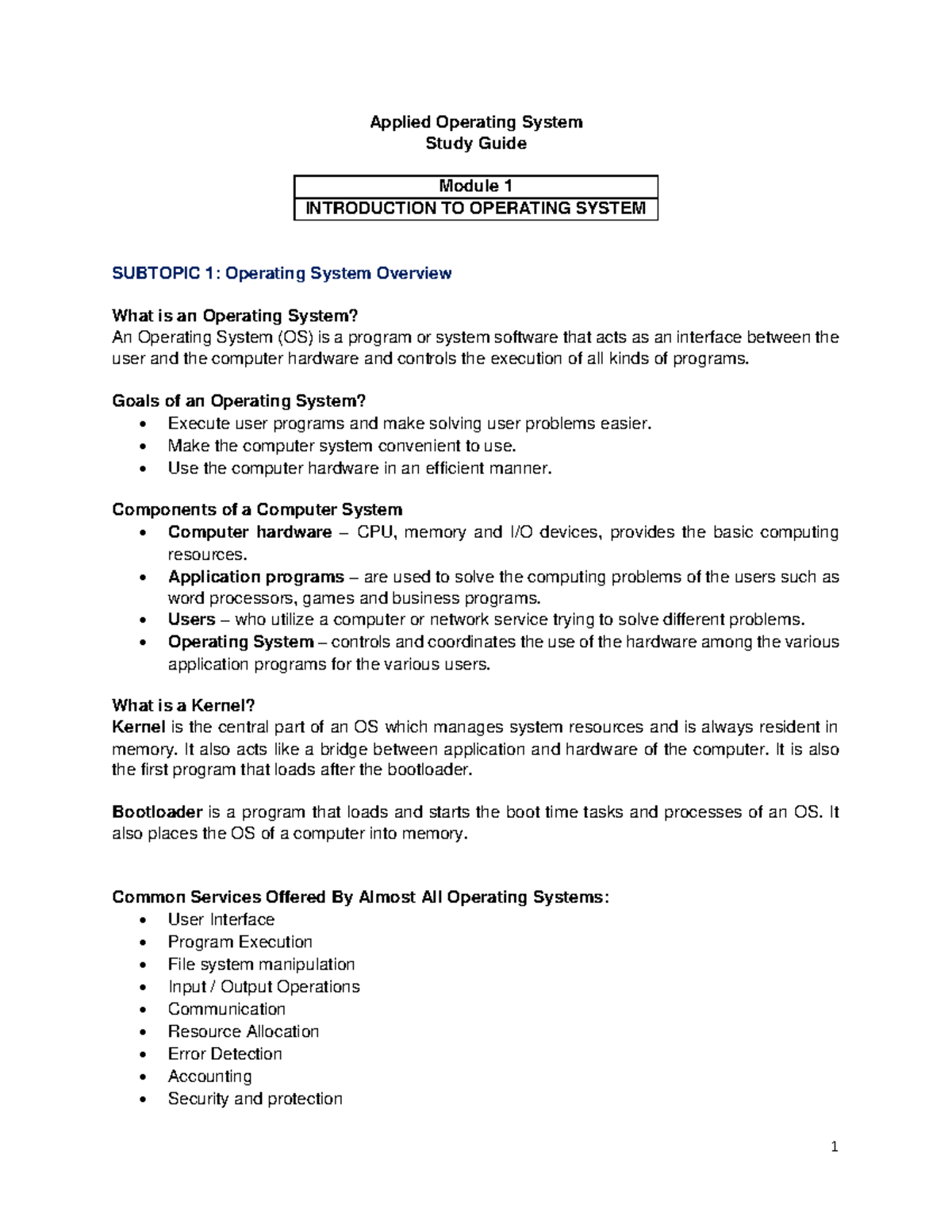 M1- Guide to Information technology - Applied Operating System Study Guide Module 1 INTRODUCTION ...