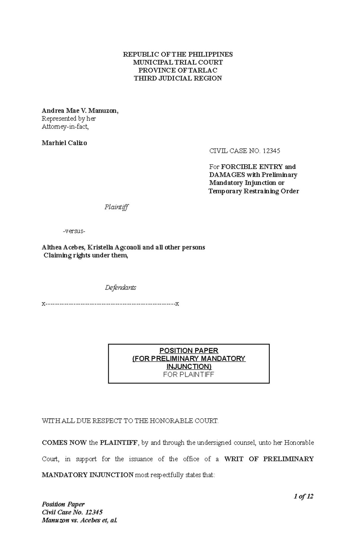 148886936-Position-Paper - REPUBLIC OF THE PHILIPPINES MUNICIPAL TRIAL ...