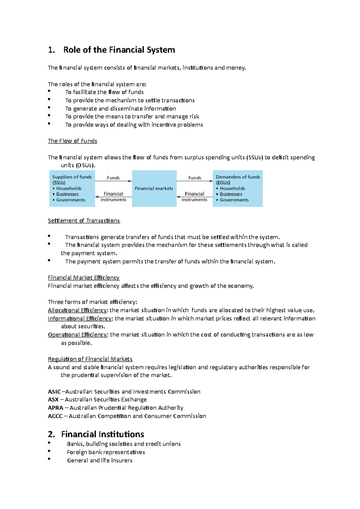 EFB201 Lecture 1 Notes - 1. Role of the Financial System - Studocu