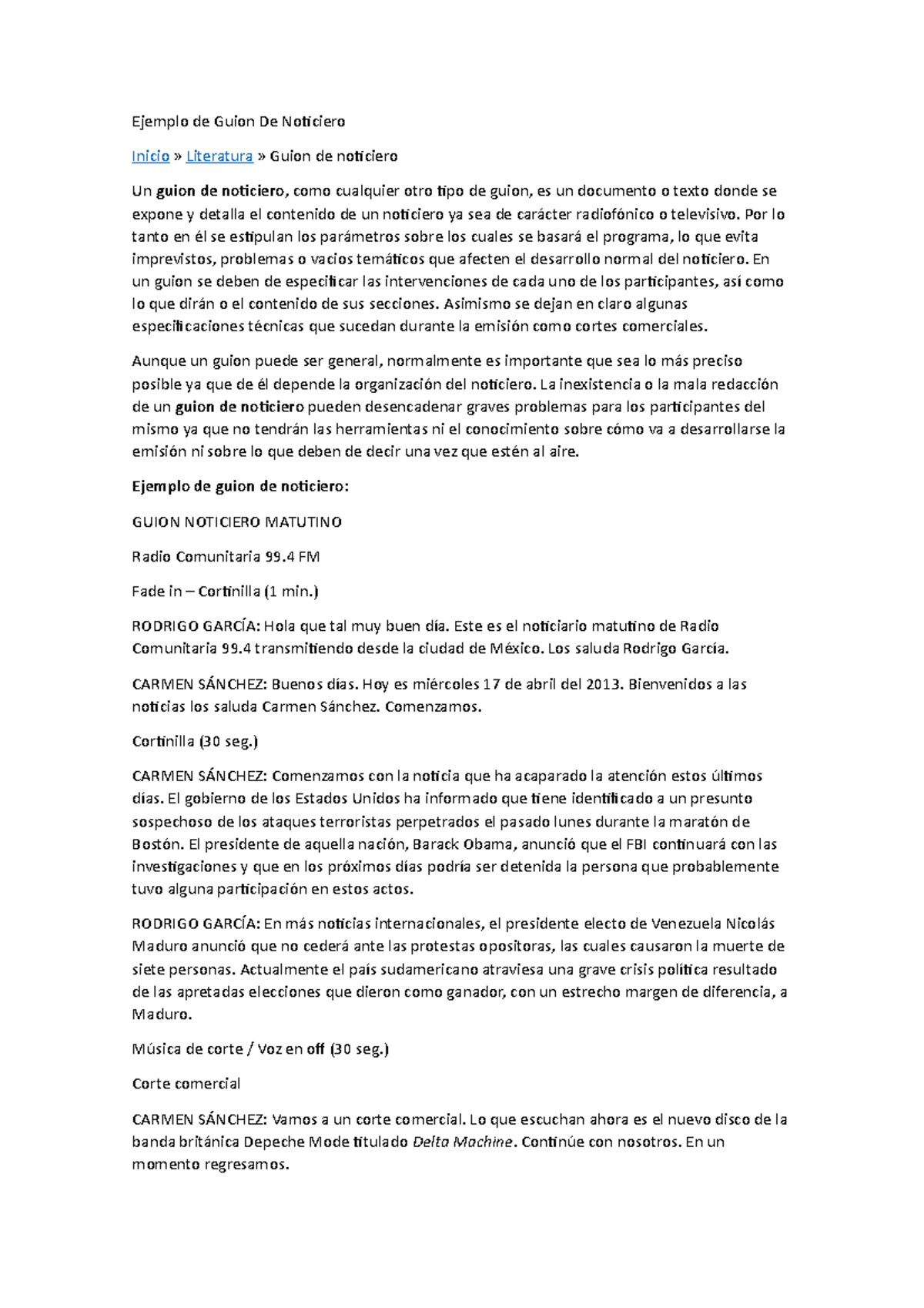 Ejemplo de Guion De Noticiero - Ejemplo de Guion De Noticiero Inicio ...