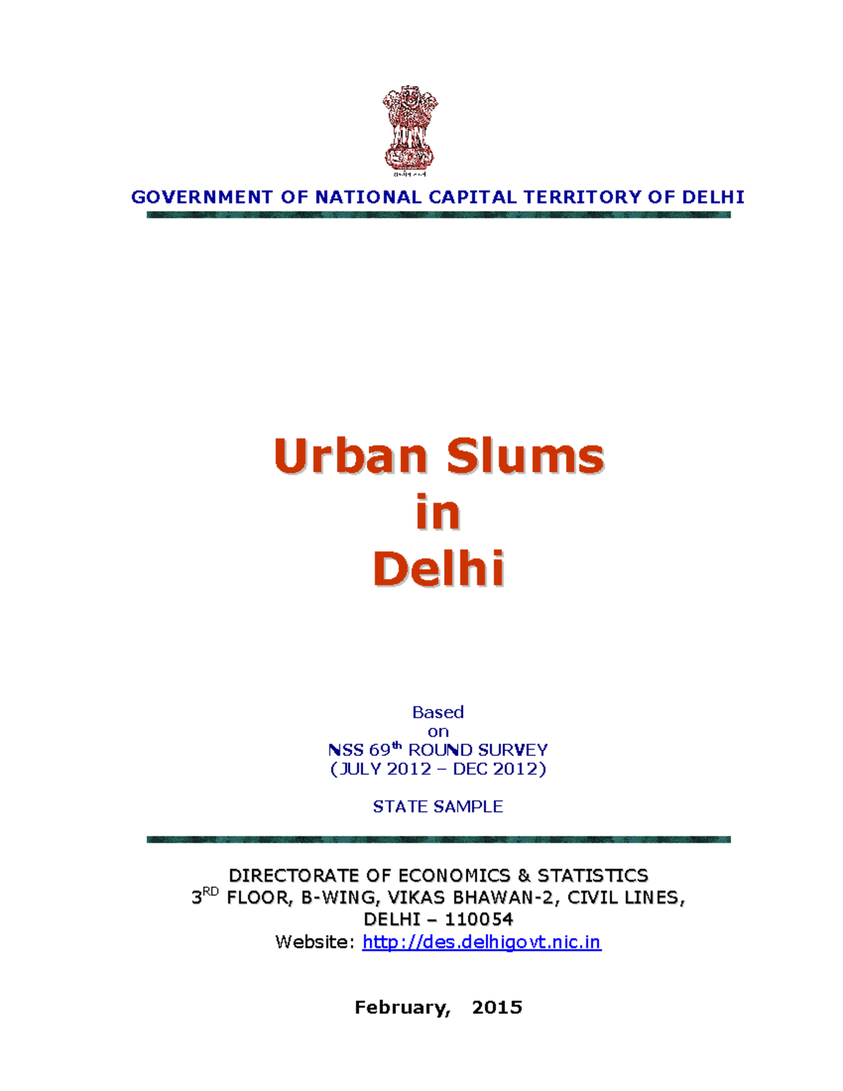Urban slums in delhi - GOVERNMENT OF NATIONAL CAPITAL TERRITORY OF ...