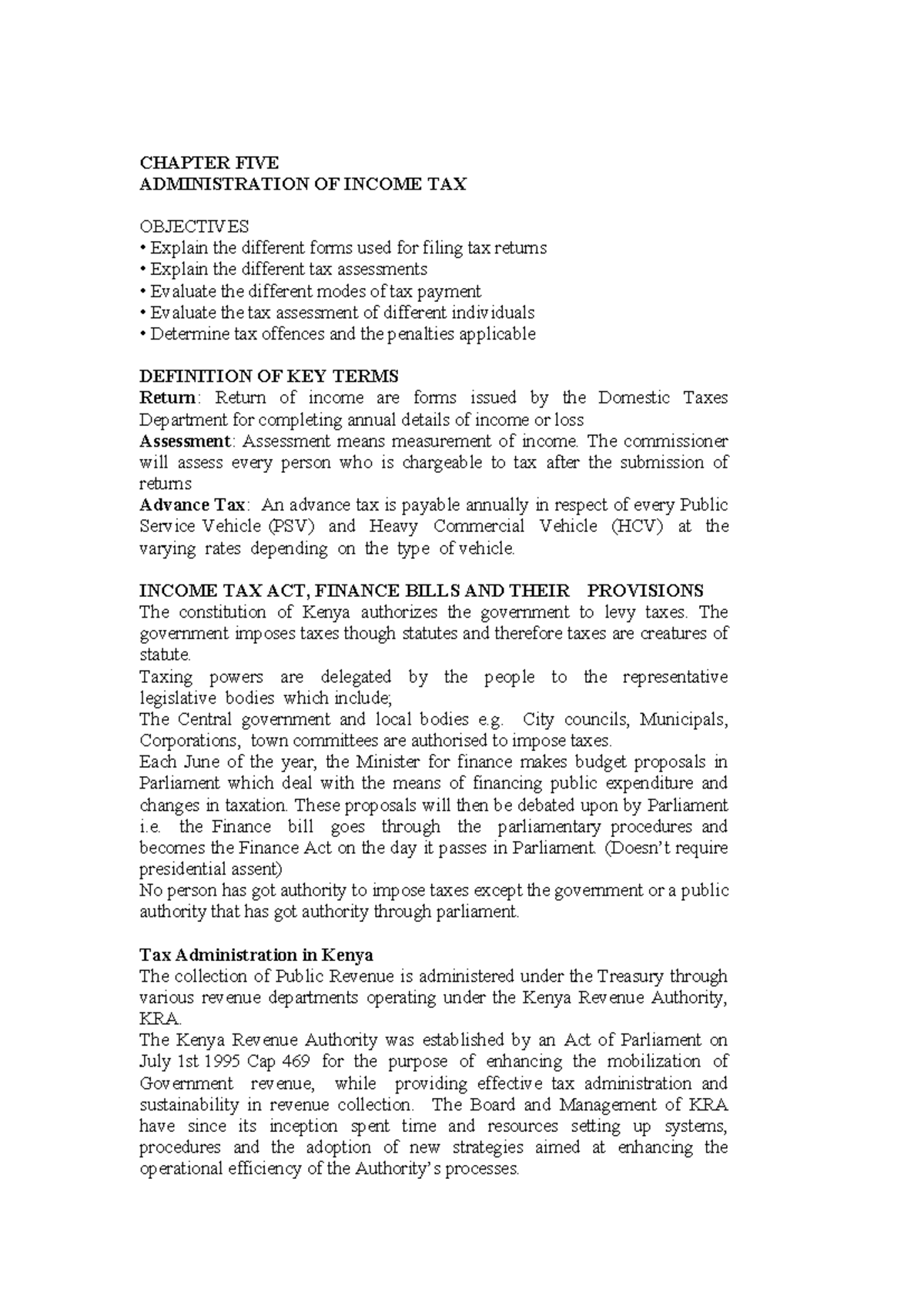 Admin OF Taxes - CHAPTER FIVE ADMINISTRATION OF INCOME TAX OBJECTIVES ...