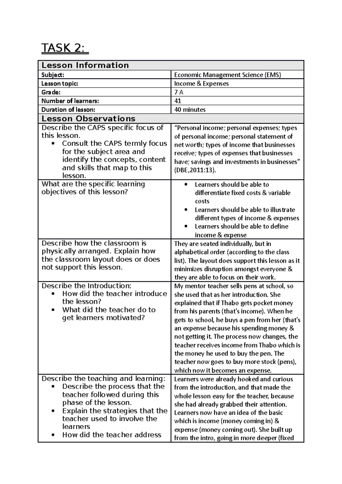 TASK 2 - good luck - TASK 2: Lesson Information Subject: Economic ...