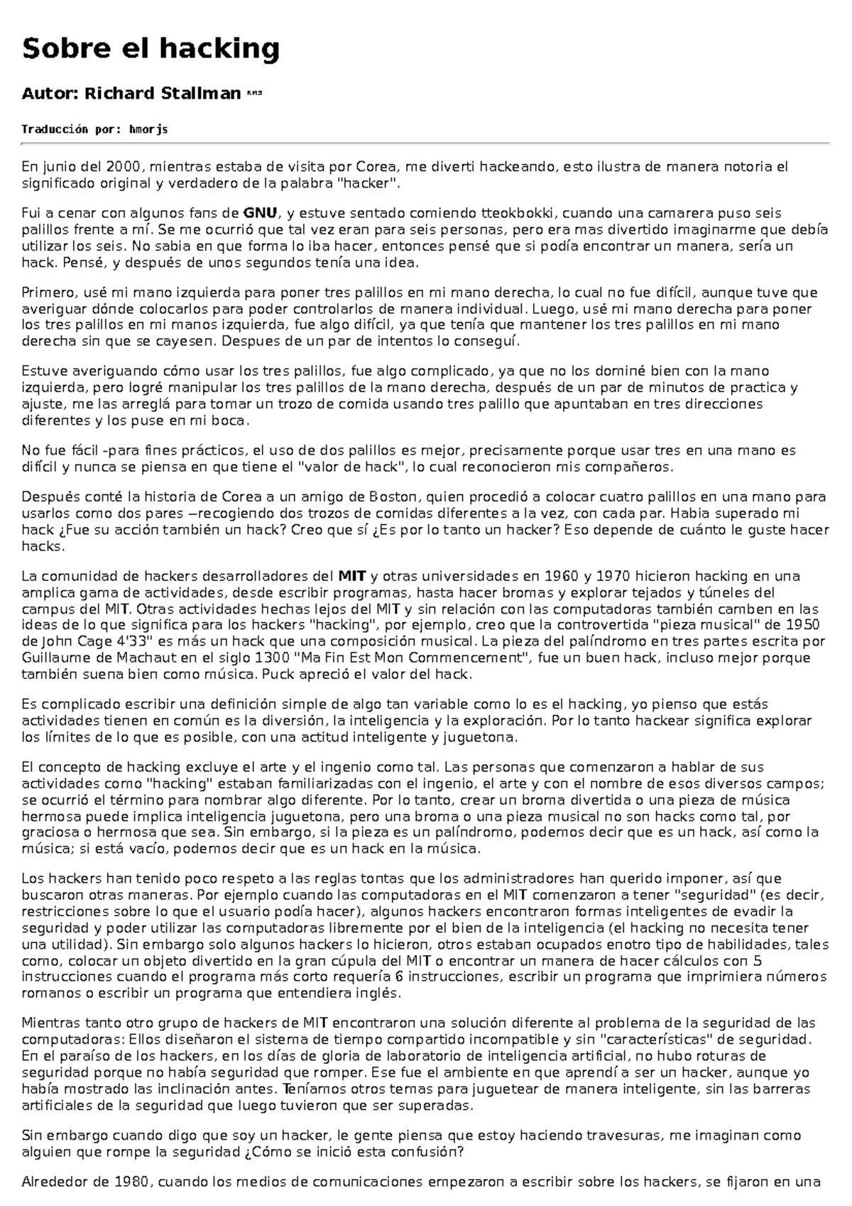 Rms sobre el hacking - Sobre el hacking Autor: Richard Stallman ...