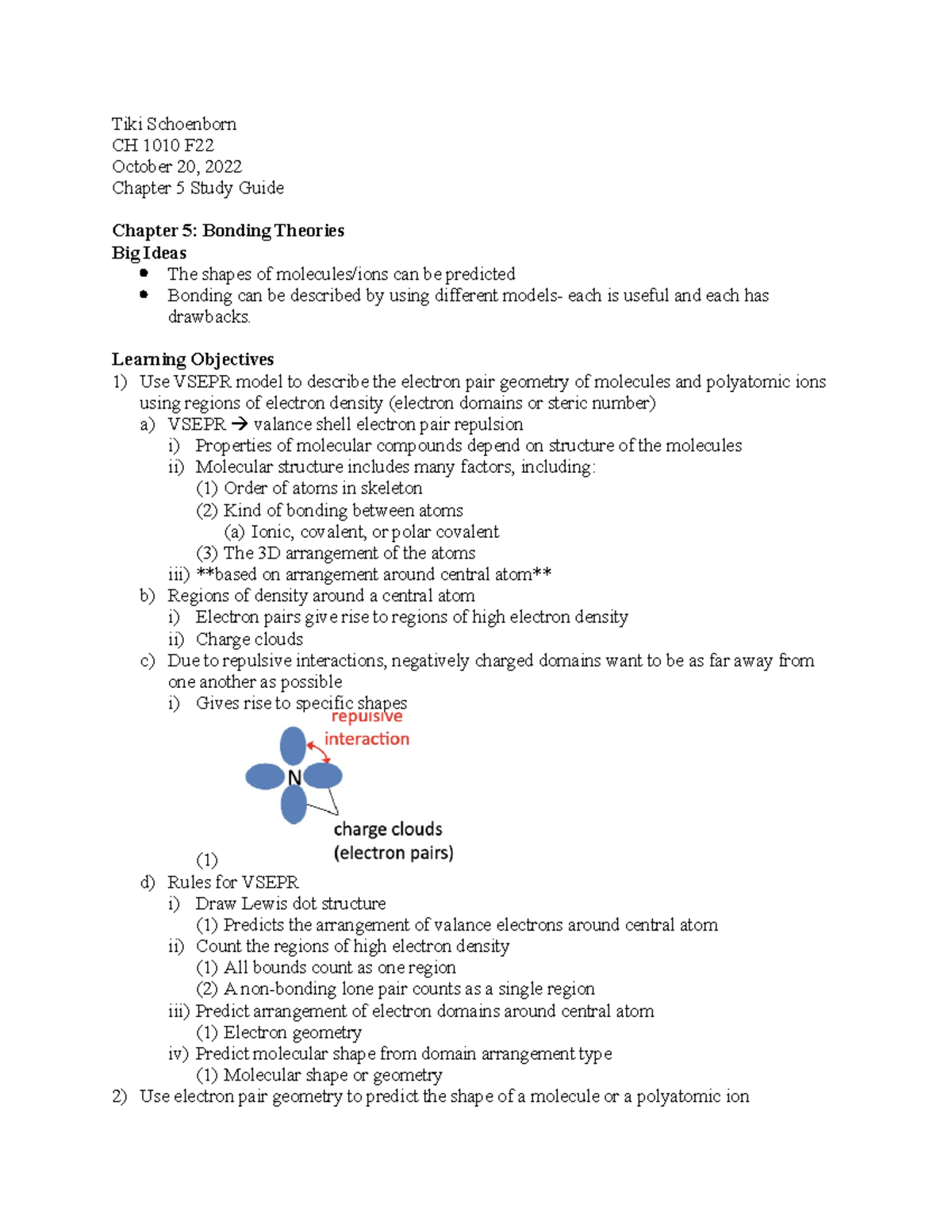 Study Guide Chapter 5 - Learning Objectives Use VSEPR model to describe ...