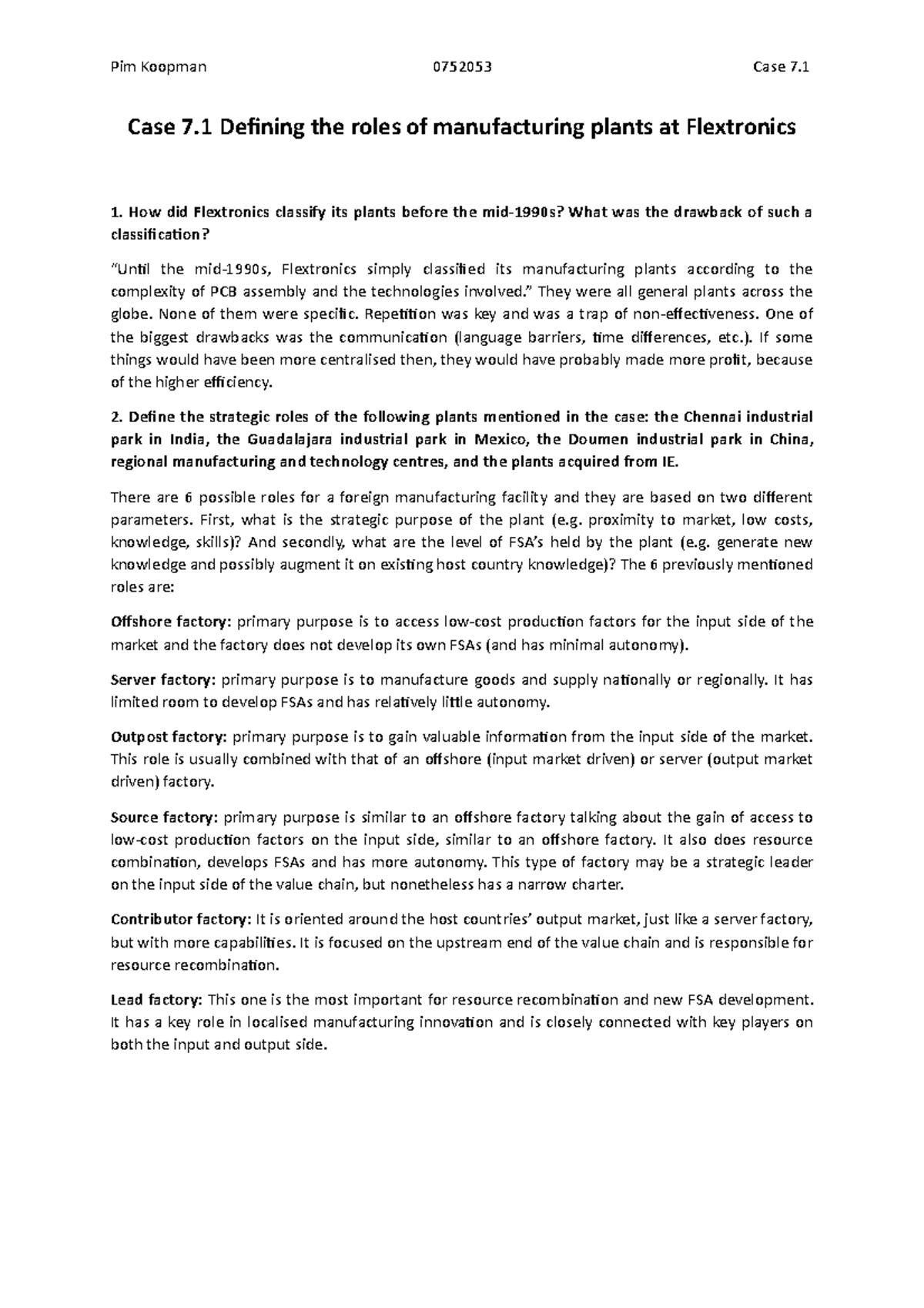 Case 7.1 Defining the roles of manufacturing plants at Flextronics ...