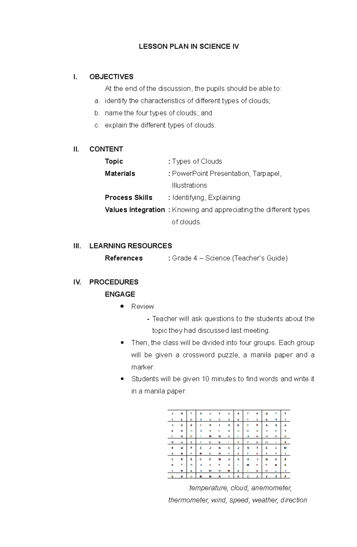 Science 4 Lesson Plan - LESSON PLAN IN SCIENCE IV I. OBJECTIVES At the ...