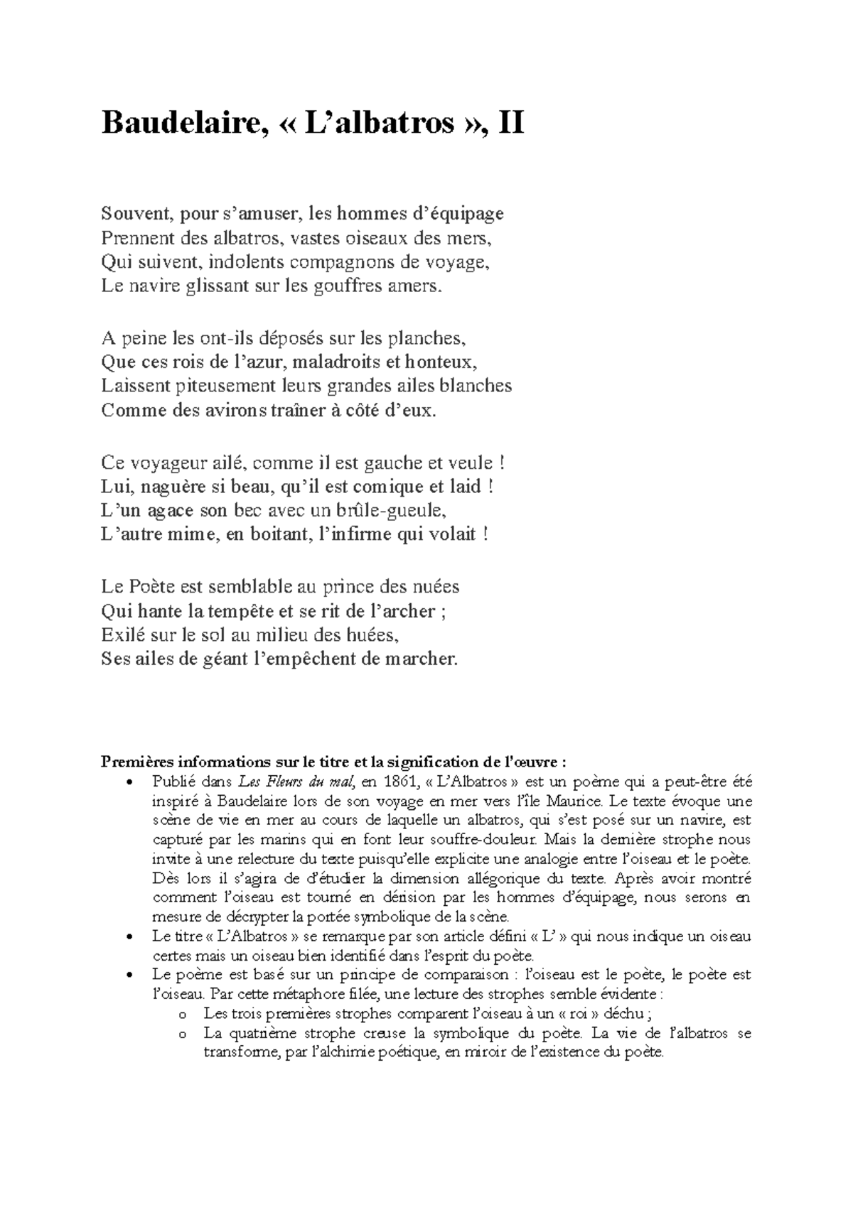 Baudelaire albatros linéaire - Baudelaire, « L’albatros », II Souvent ...