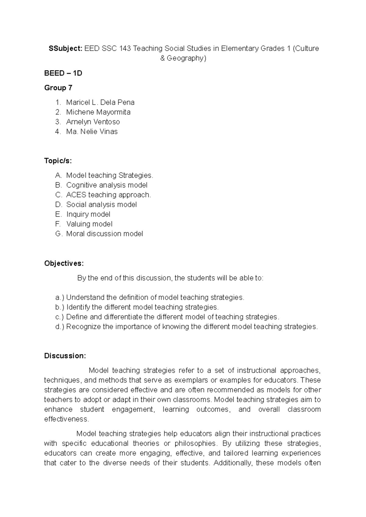 Social-stud - lesson plan - SSubject: EED SSC 143 Teaching Social Studies in Elementary Grades 1 ...