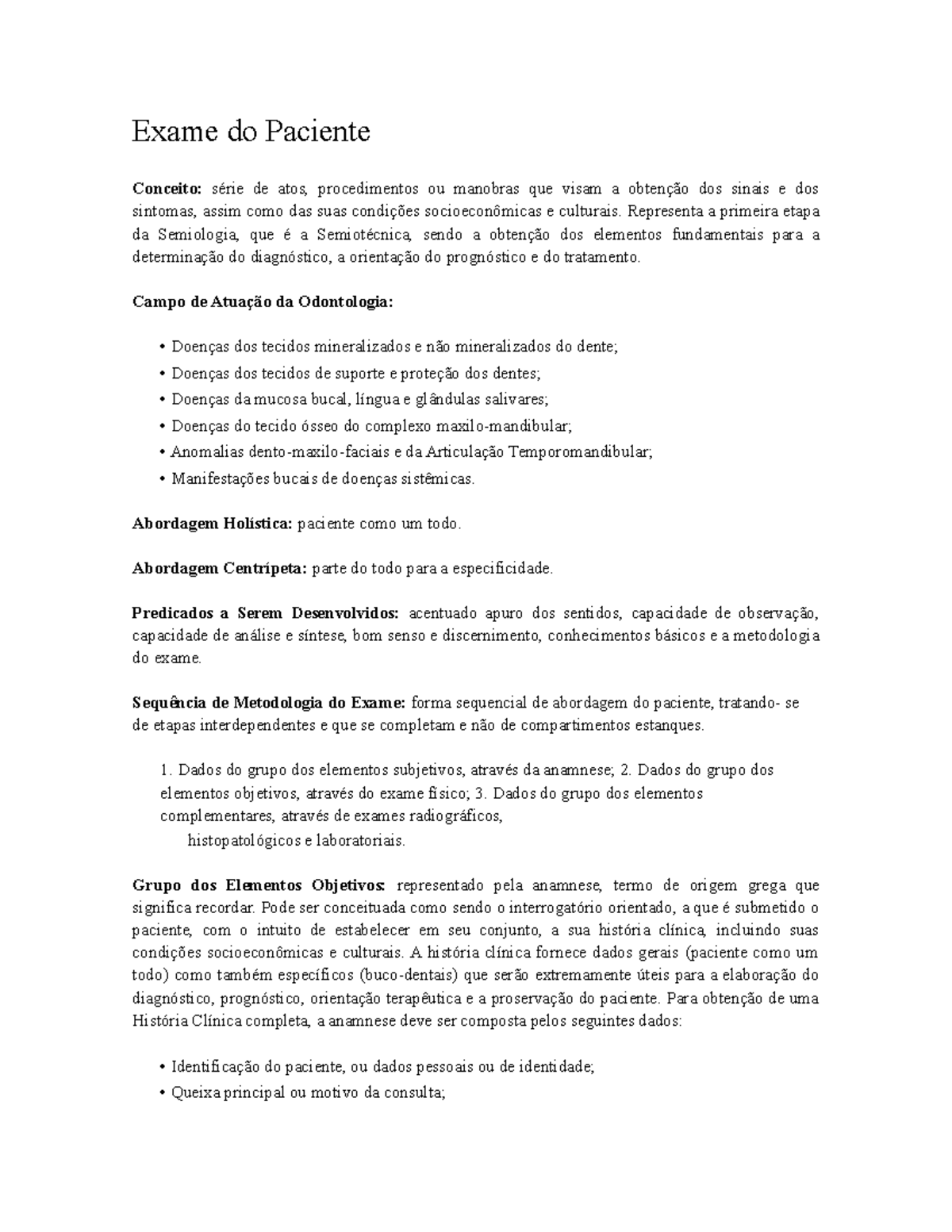 Semiologia (Resumo) - Exame do Paciente - Exame do Paciente Conceito ...