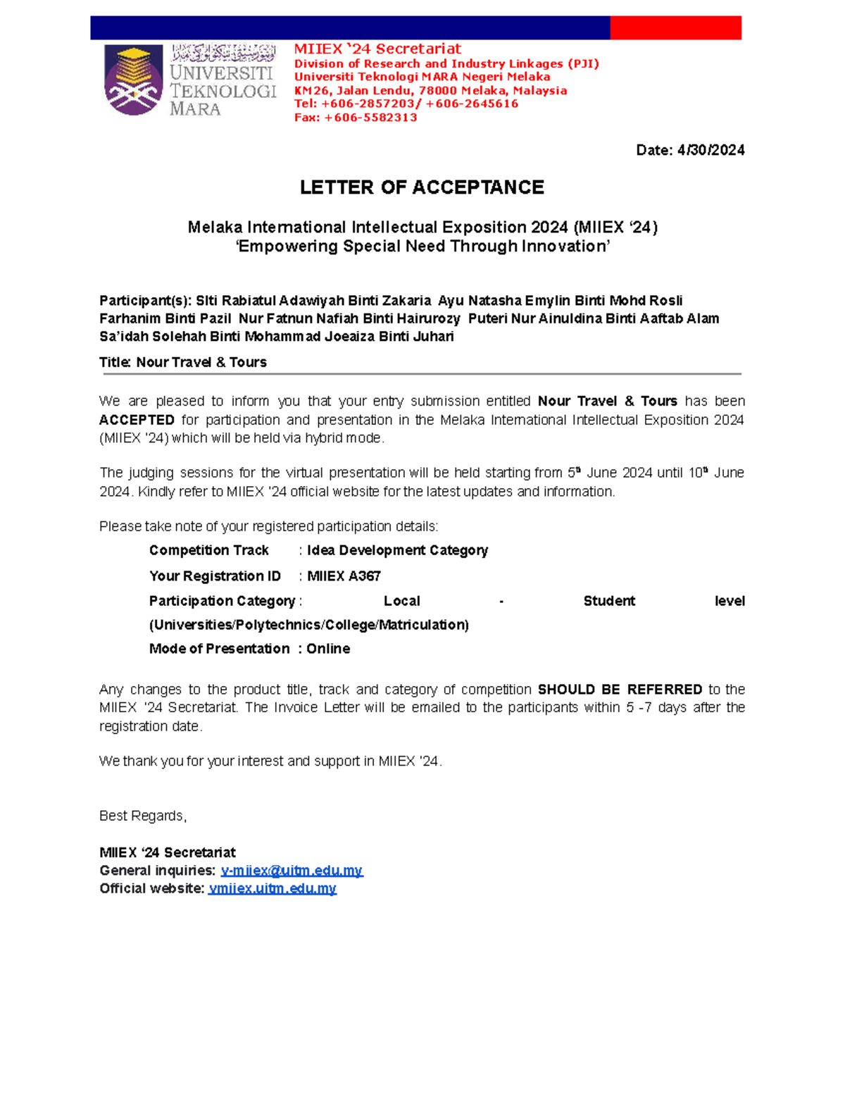 LOA Miiex A367 - MIIEX ‘24 Secretariat Division of Research and ...