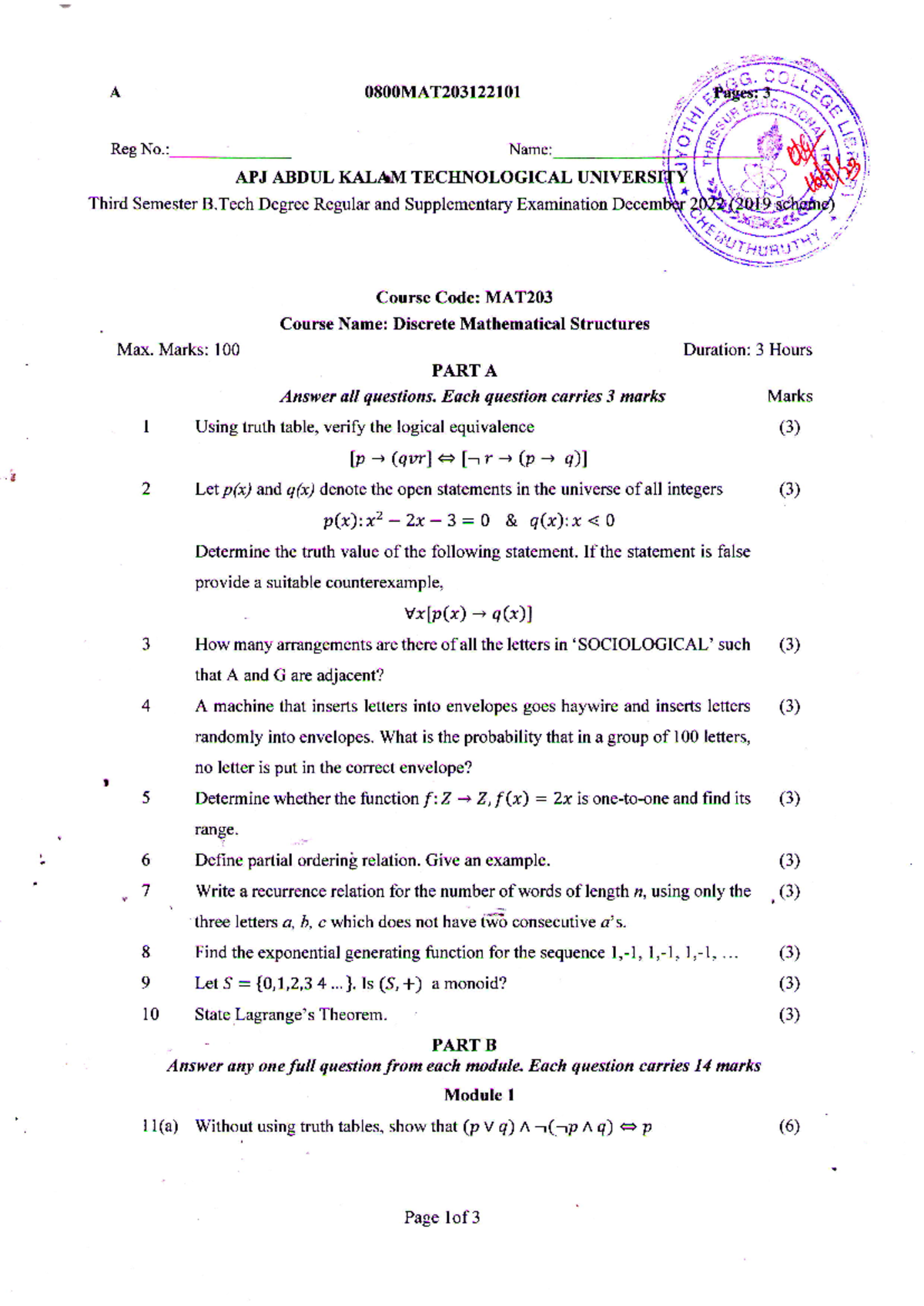 MAT203 Discrete Mathematical Structures, December 2022 - A RegNo ...